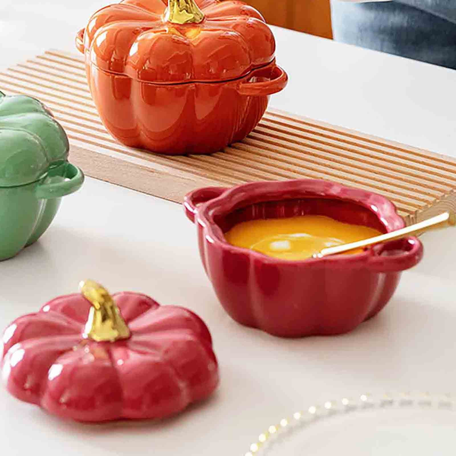 Pumpkin Bowl Set with Lid and Handle, Pumpkin Pottery Dessert Saucepan, Mini Baking Dish Cute ...