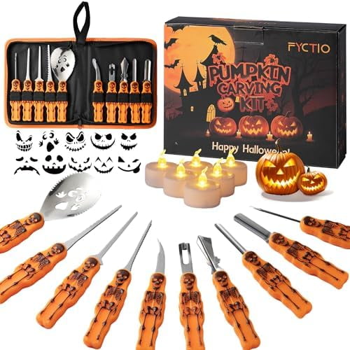 Pumpkin Carving Kit, 10 PCS Carving Tools with Handbag, 6 Candle Lights ...