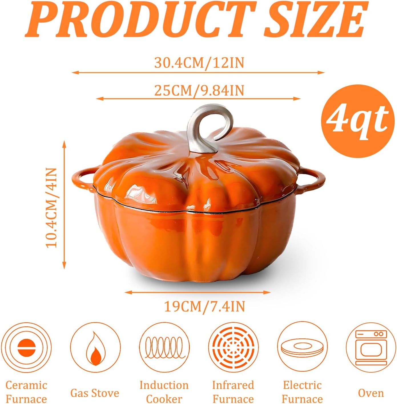 Pumpkin Cast Iron Dutch Oven, 4qt Enamel Cookware with Lid, Festive ...