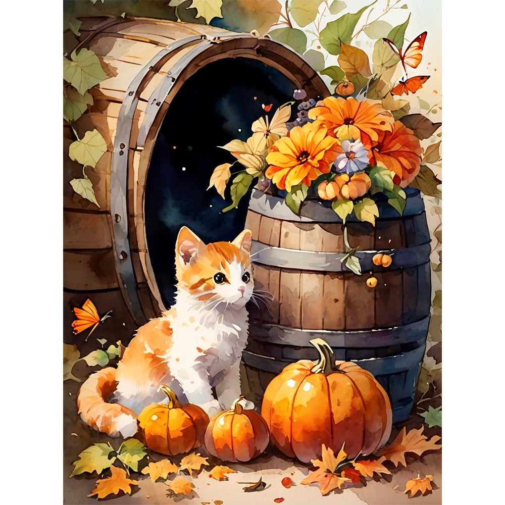 Pumpkin Cat Diamond Art Kits for Adults, DIY 5D Thanksgiving Diamond ...