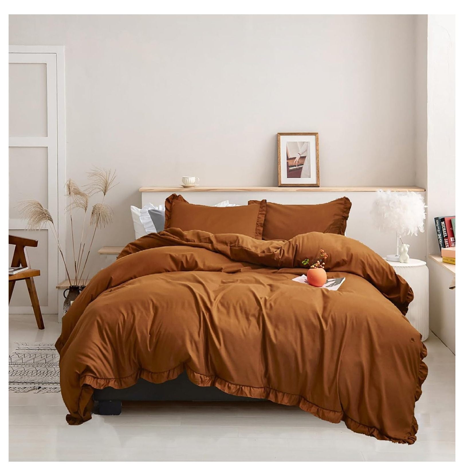 Pumpkin Color Ruffle Comforter Set Queen Farmhouse Rust Bedding ...