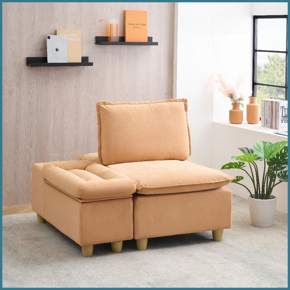 Pumpkin-Colored Flannel Single Sofa with Hidden Movable Storage & Cup ...