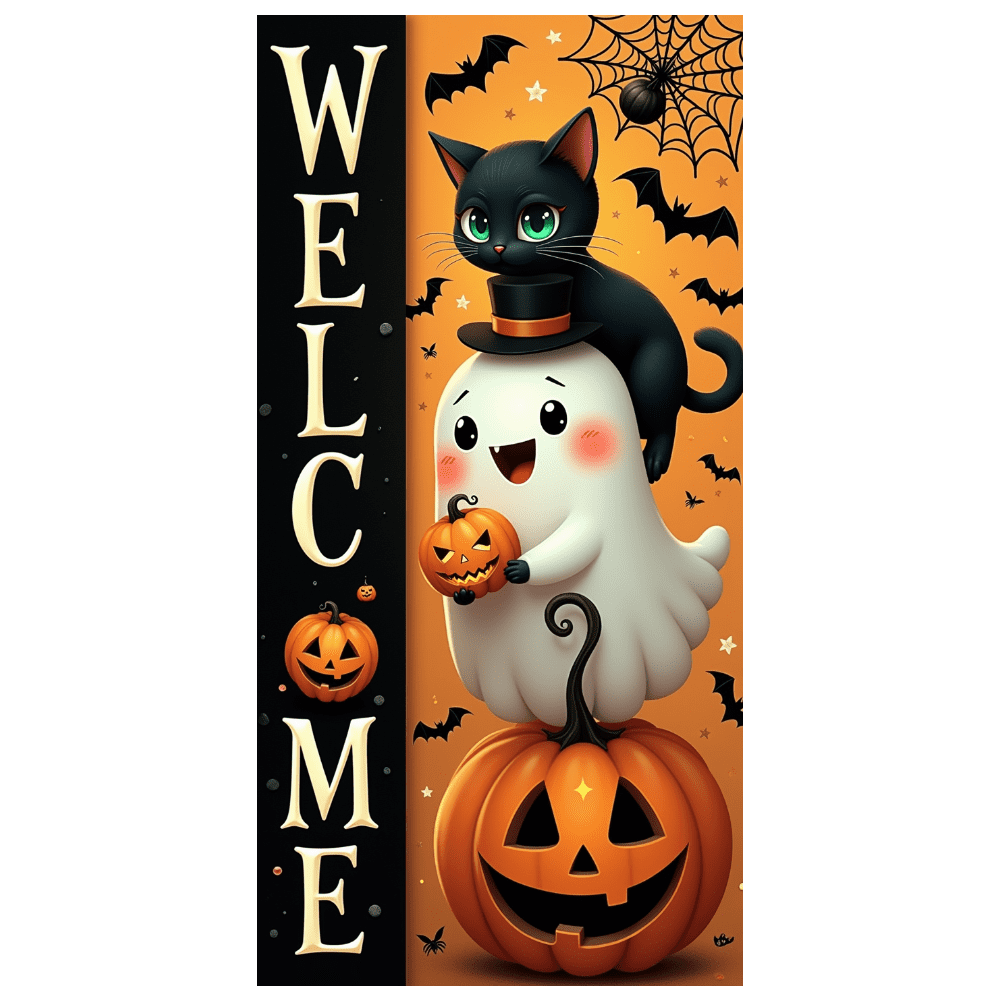 Pumpkin Decoration Halloween Welcome Banner Black Cat Design Festive ...