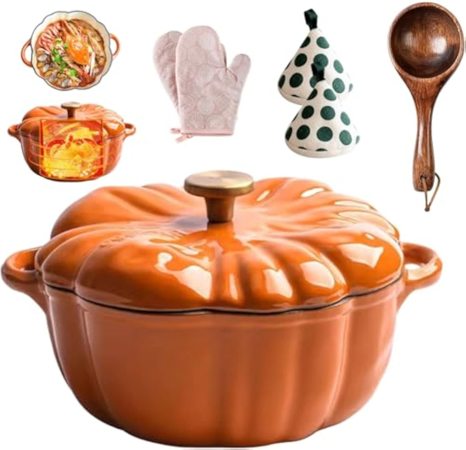 Pumpkin Dutch Oven Pot with Lid, Enameled Cast Iron Pumpkin Dutch Ovens with Dual Handle for ...