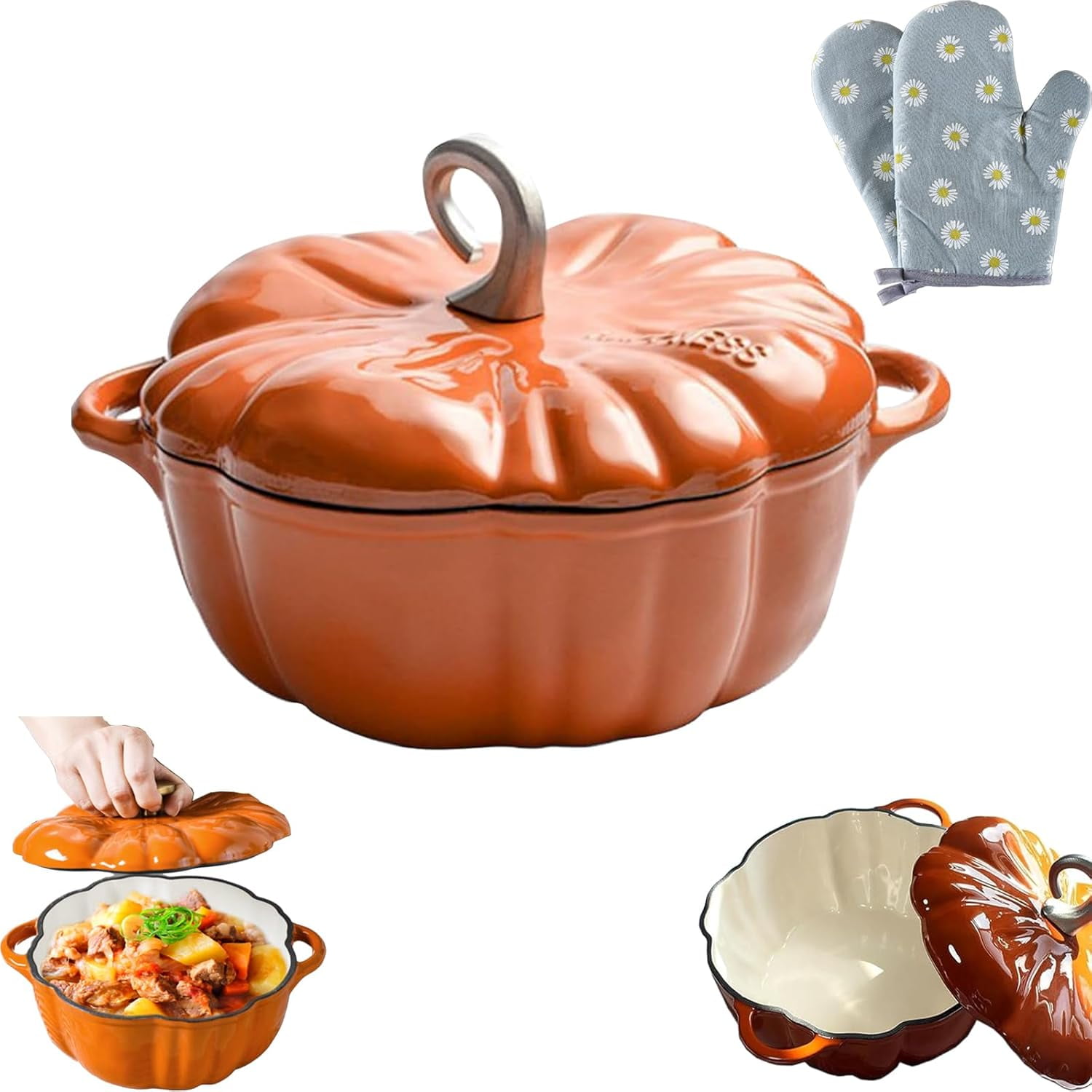 Pumpkin Dutch Oven Pot with Lid, Pumpkin Shaped Cast Iron Oven with Dual Handle for Cooking ...