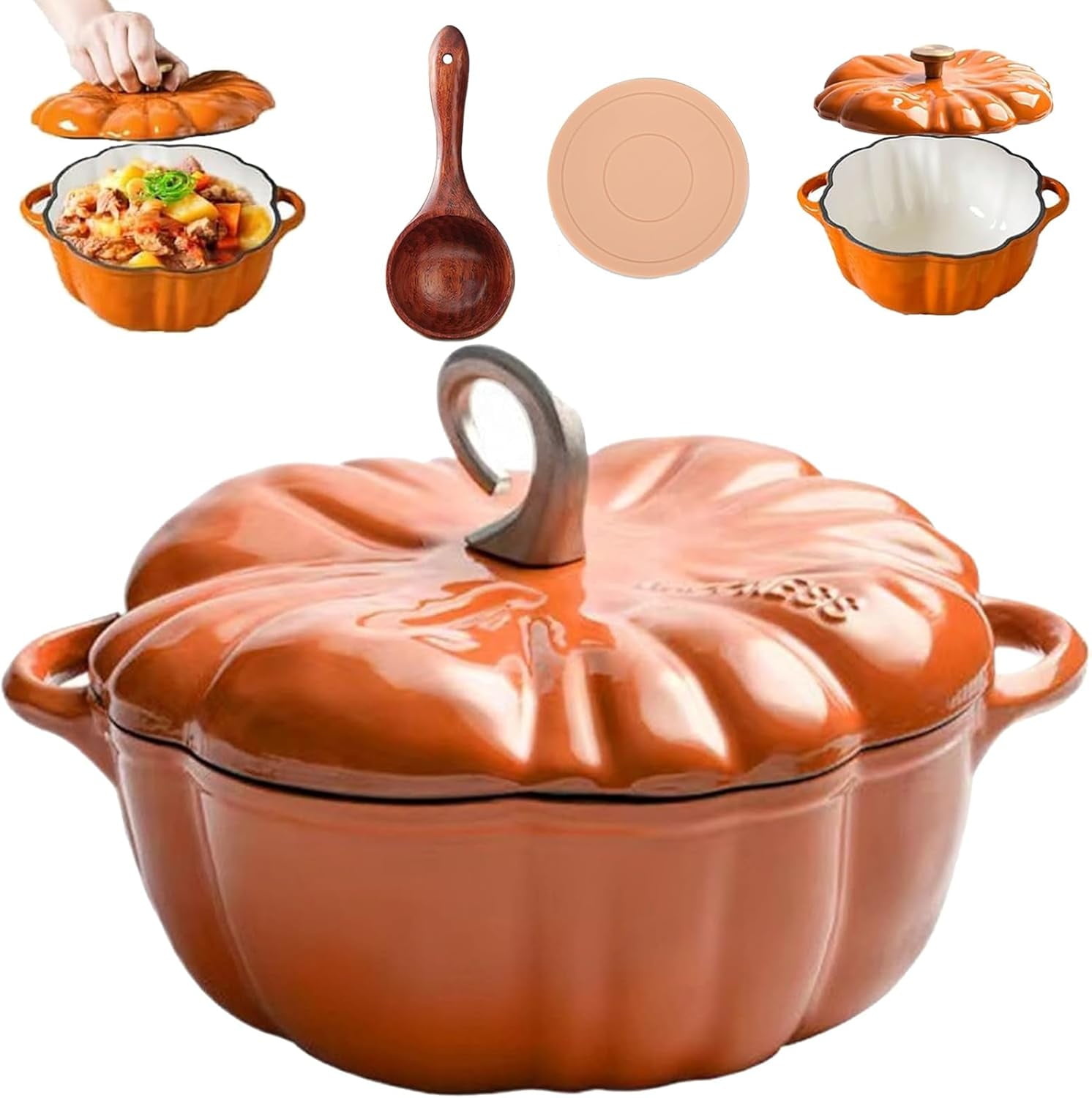 Pumpkin Dutch Oven Pot with Lid,4-Quart Non-Stick Enameled Cast Iron ...