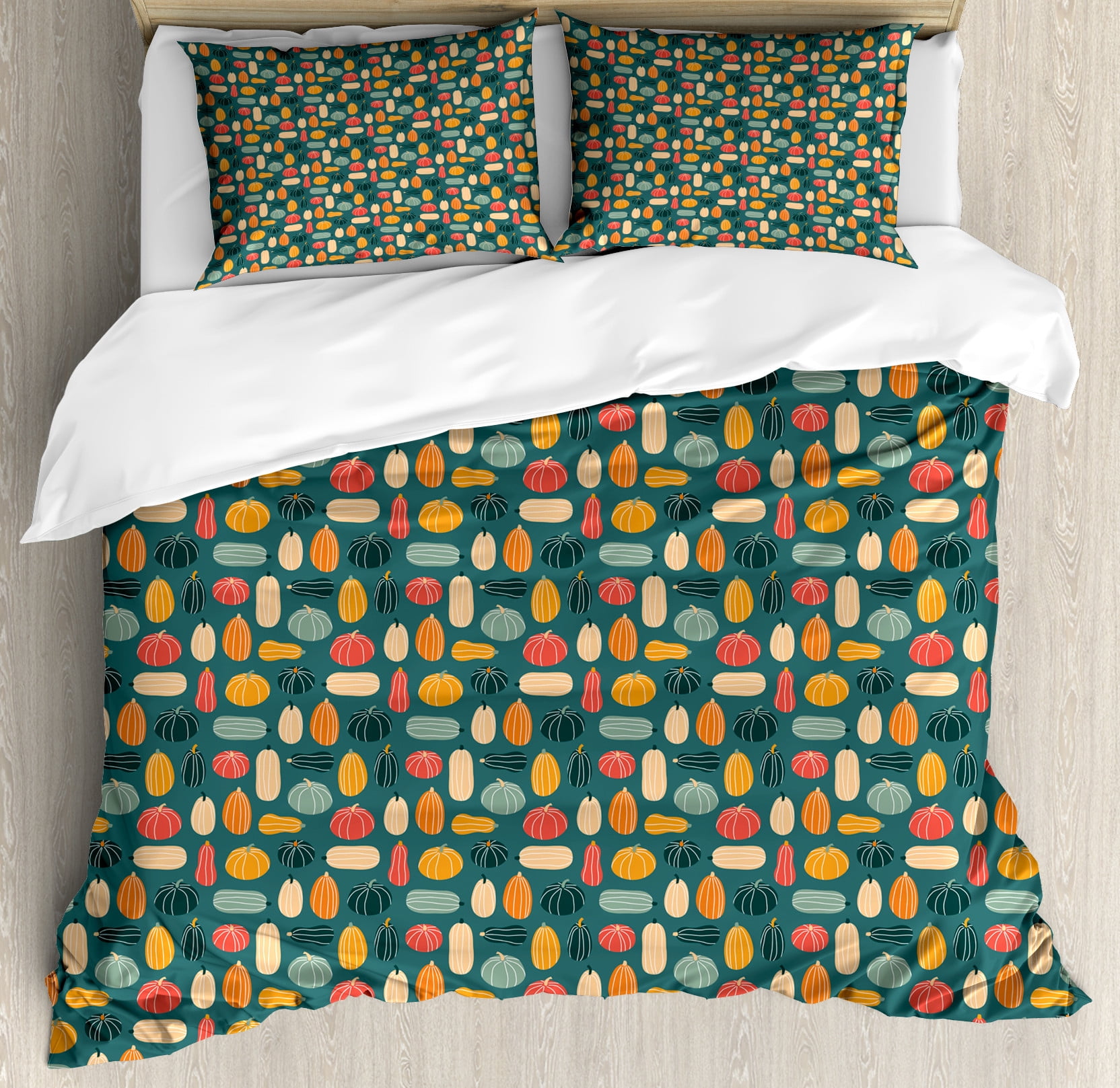 Pumpkin Duvet Cover Set, Hand Drawn Cabbage Motifs in Colorful ...