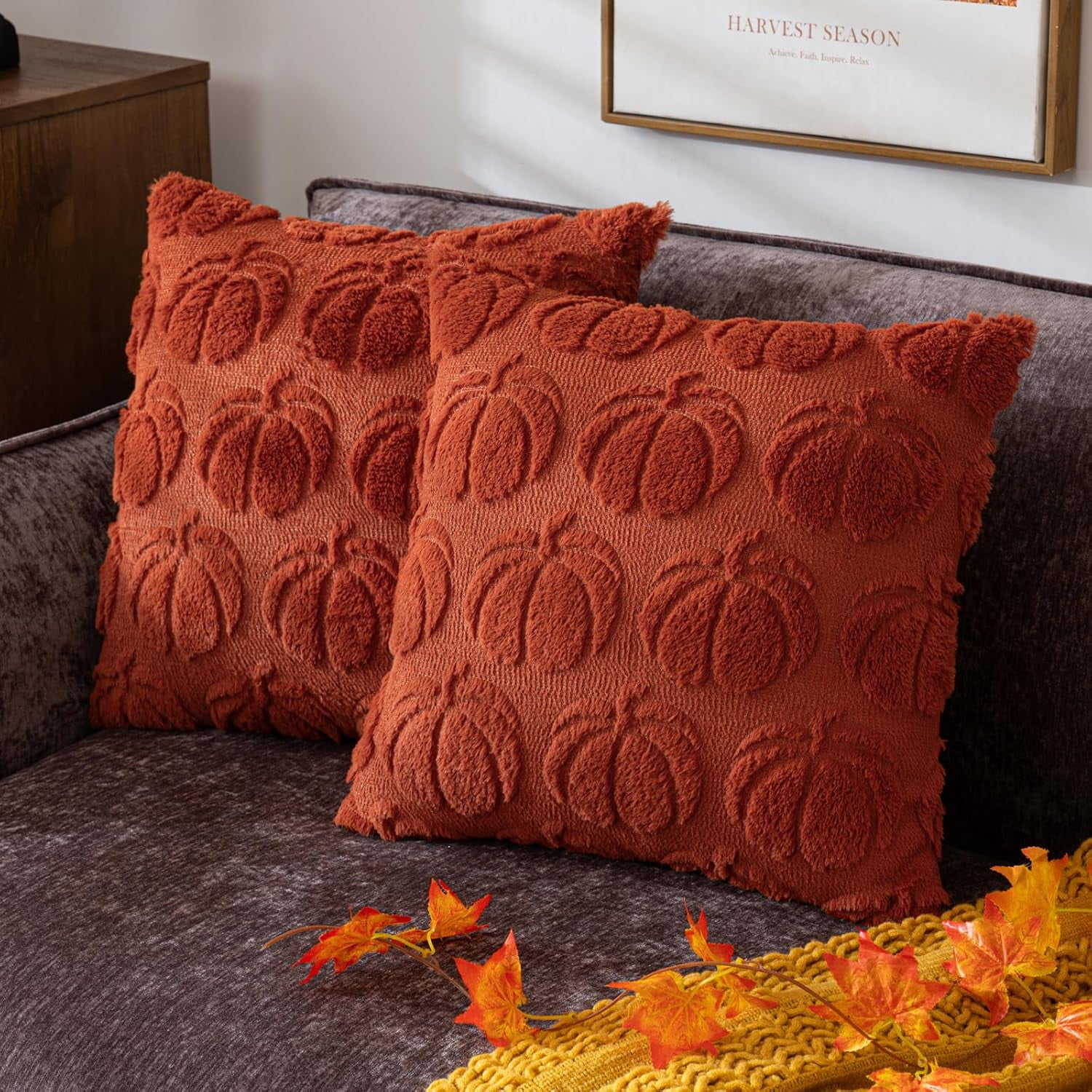 Pumpkin Fall Decorative Throw Pillow Covers 18"x18", Set of 2 Caramel ...