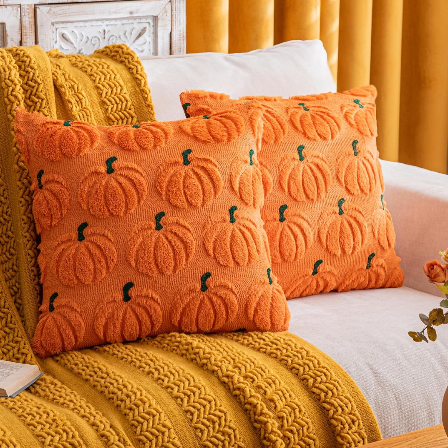 Pumpkin Fall Decorative Throw Pillow Covers 18"x18", Set of 2 Orange ...
