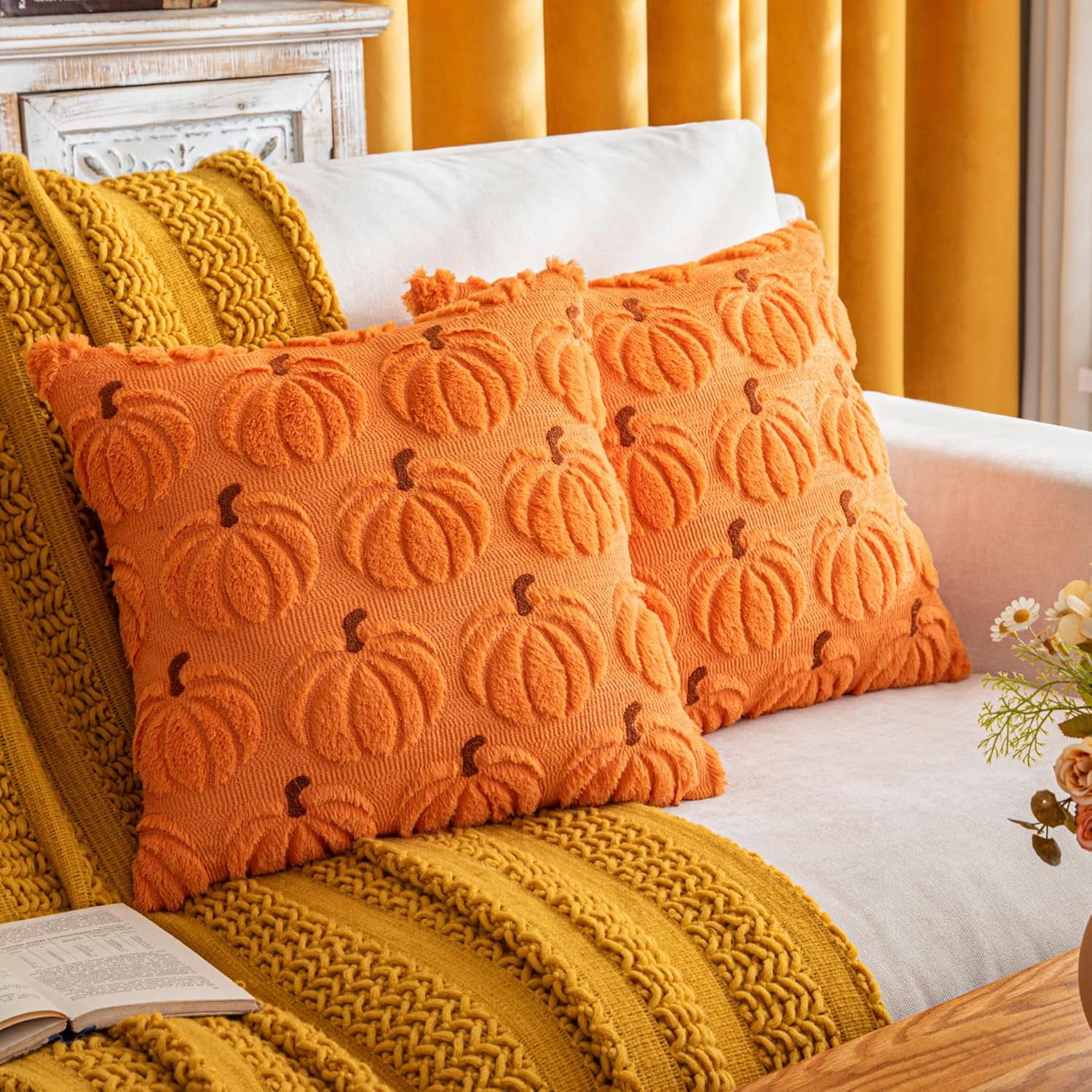 Pumpkin Fall Decorative Throw Pillow Covers 20"x20", Set of 2 Orange ...