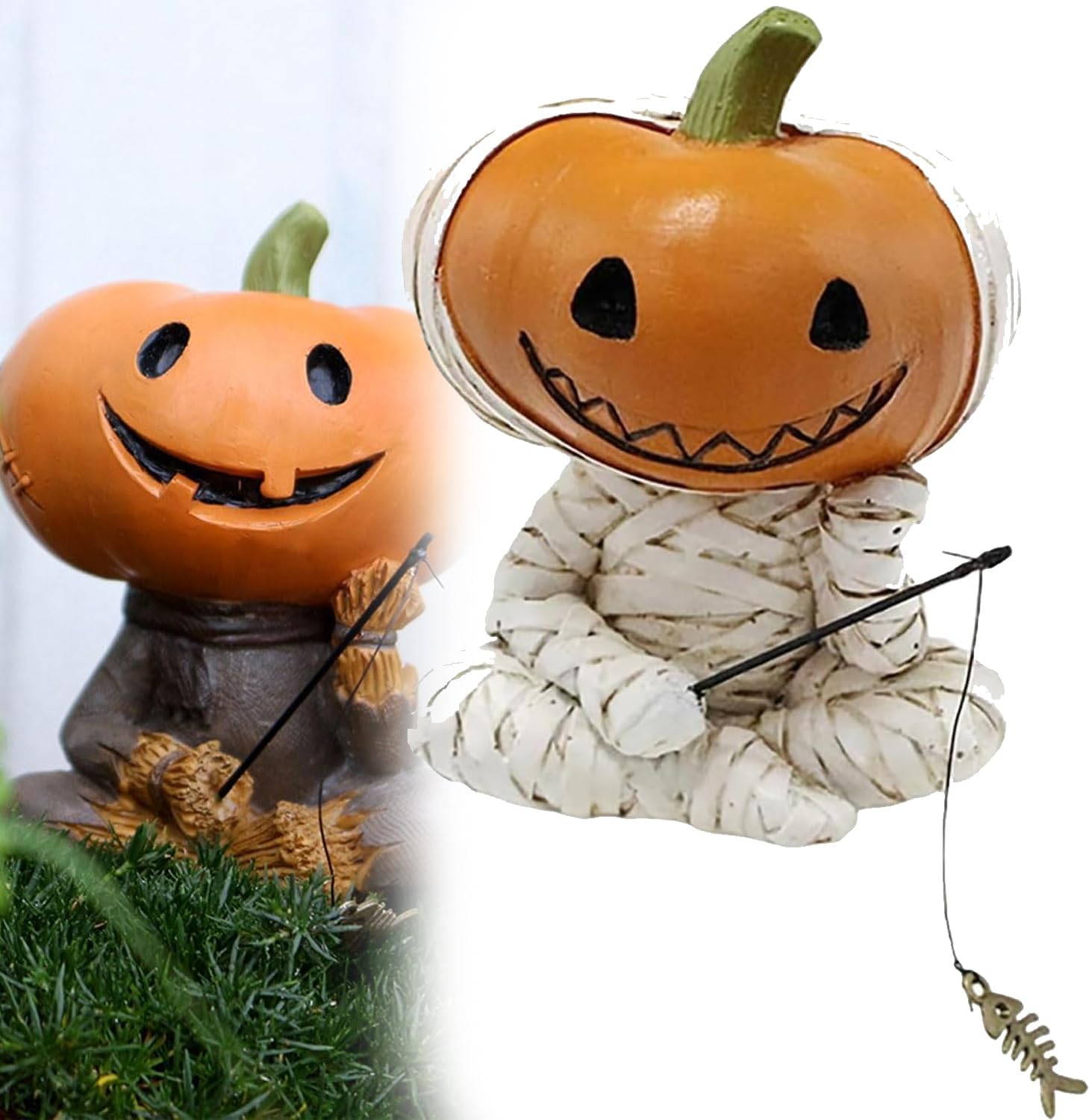 Pumpkin Fisherman Figurine, Pumpkin Scarecrow Decorative Statue Holding ...