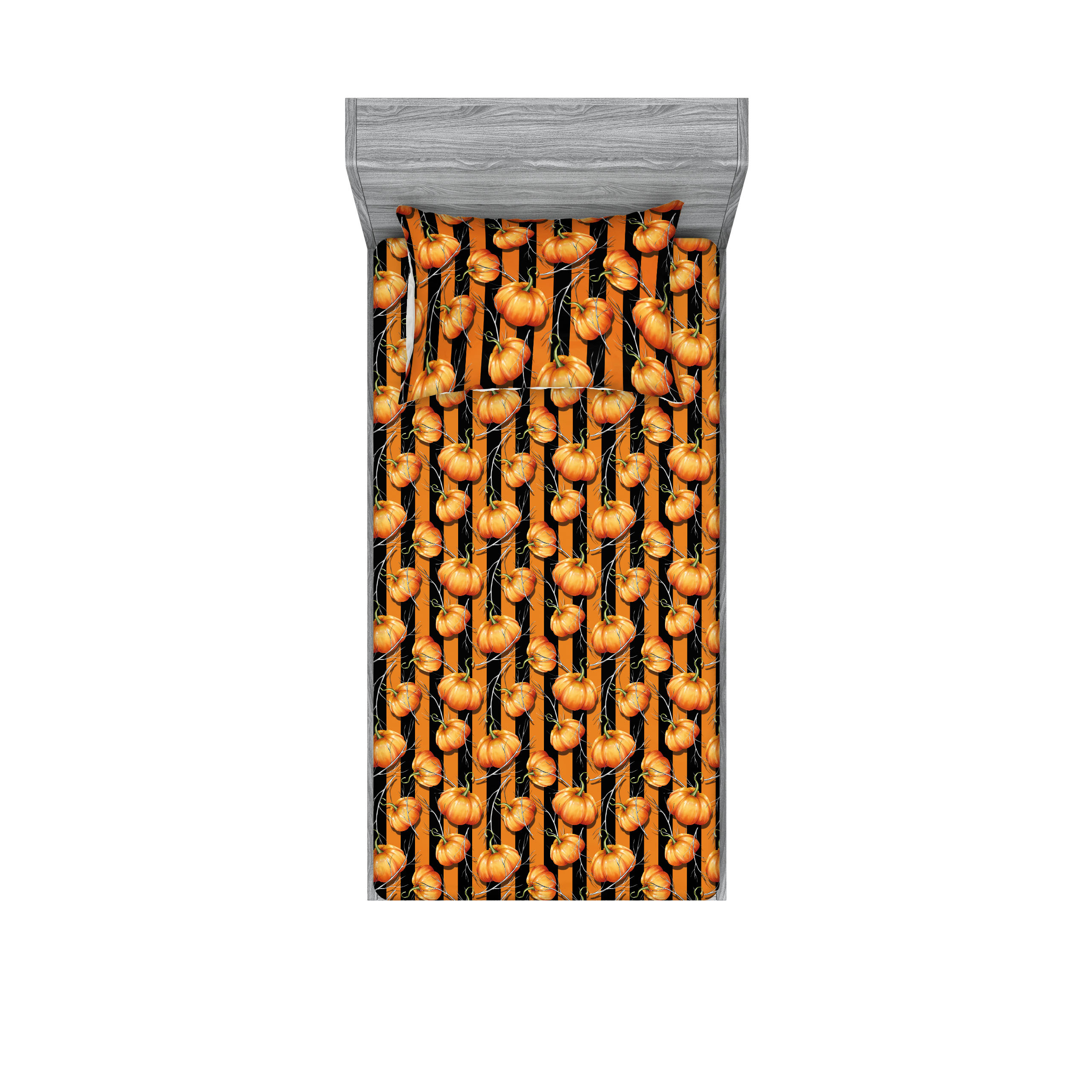 Pumpkin Fitted Sheet & Pillow Sham Set, Autumn Branches and Harvest ...