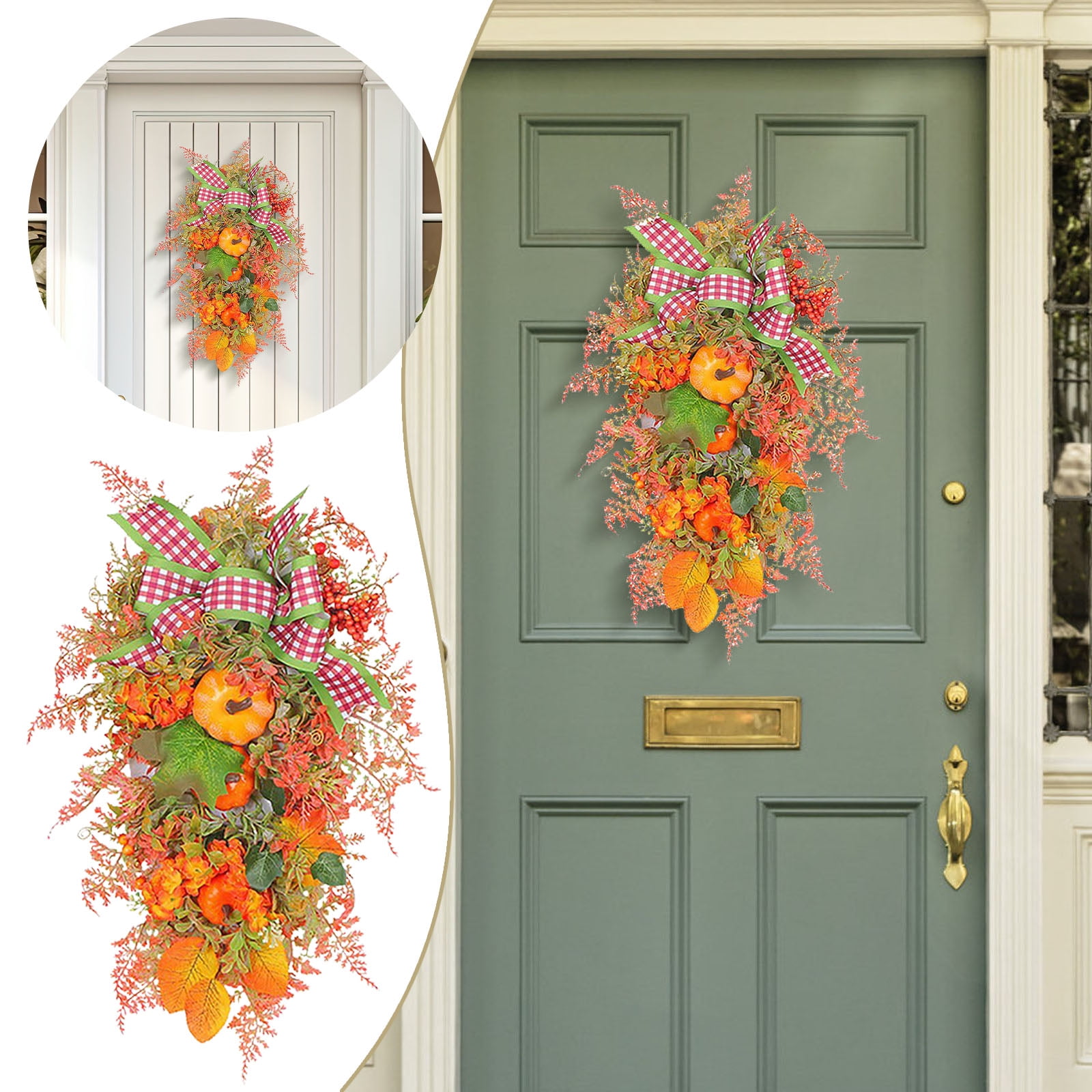 Pumpkin Front Door Swag Artificial Fall Thanksgiving Teardrop Wreath ...