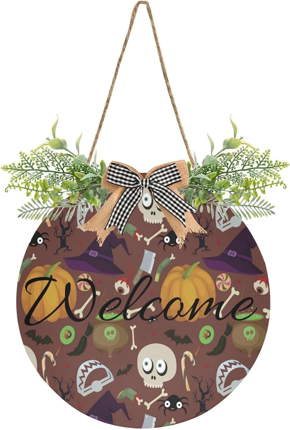 Pumpkin Ghost Skull Welcome Sign Front Door Round Wall Door Sign with ...