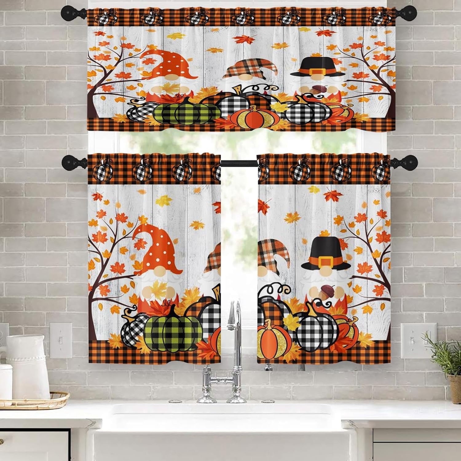 Pumpkin Gnome Kitchen Curtains Fall Plaid Window Curtains Valance and ...