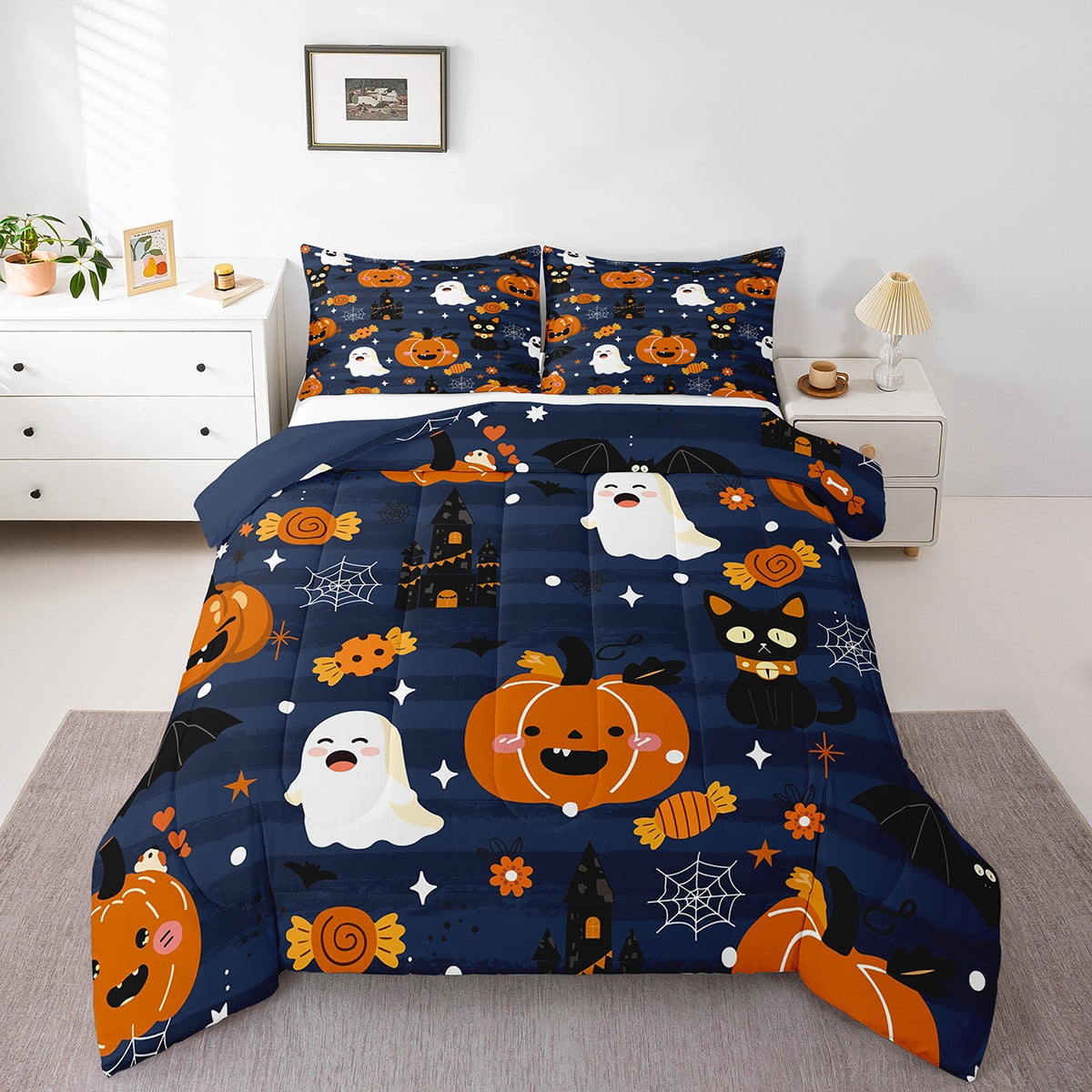 Pumpkin Halloween Comforter Set for Boys Girls White Cartoon Ghost ...