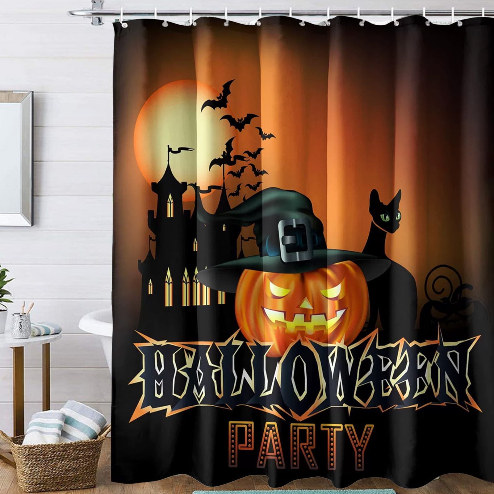 Pumpkin Halloween Ghost No Hook Shower Curtain with Snap in Liner,Evil Boo Gothic Spider Spooky ...