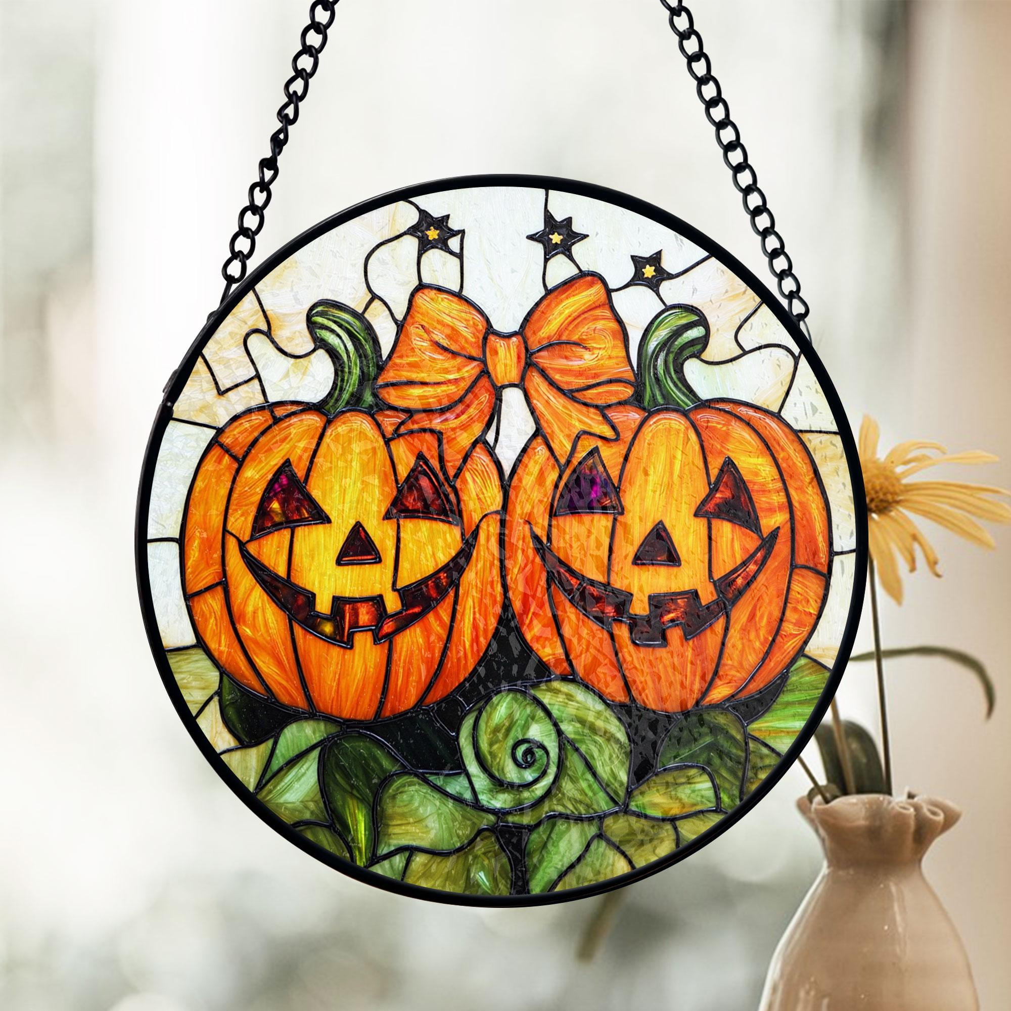 Pumpkin Halloween Stained Glass Suncatcher, Smiling Pumpkin Duo, Fall ...