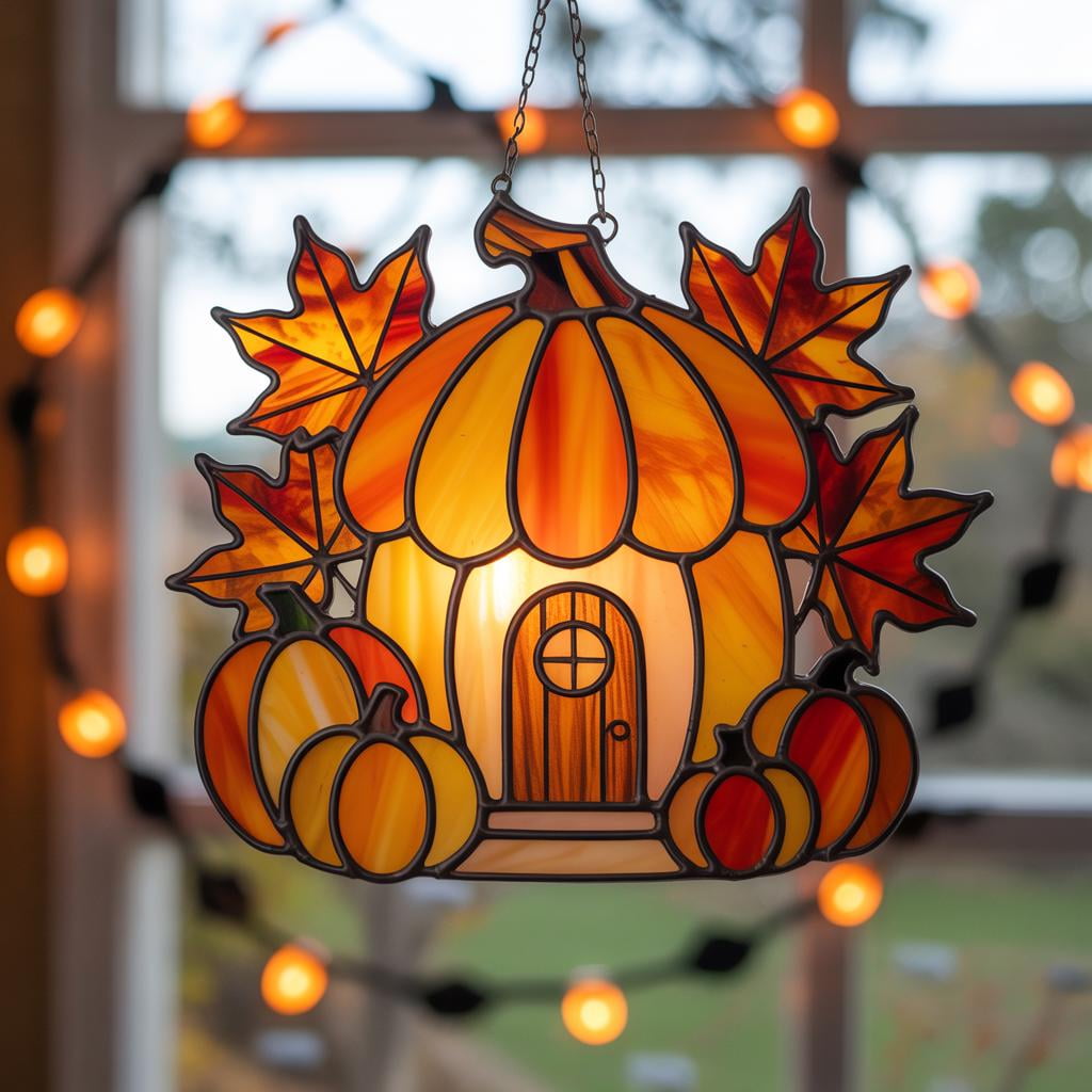 Pumpkin House Acrylic Suncatcher Autumn Maple Leaf Window Hanging ...