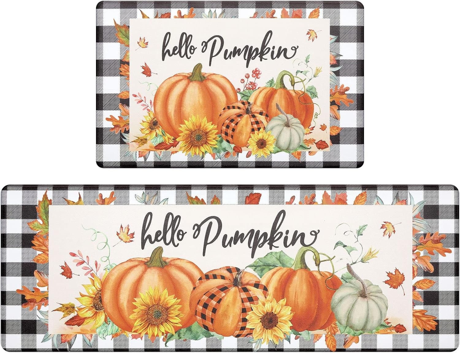 Pumpkin Kitchen Rugs Set of 2, Farmhouse Buffalo Plaid Fall Kitchen ...