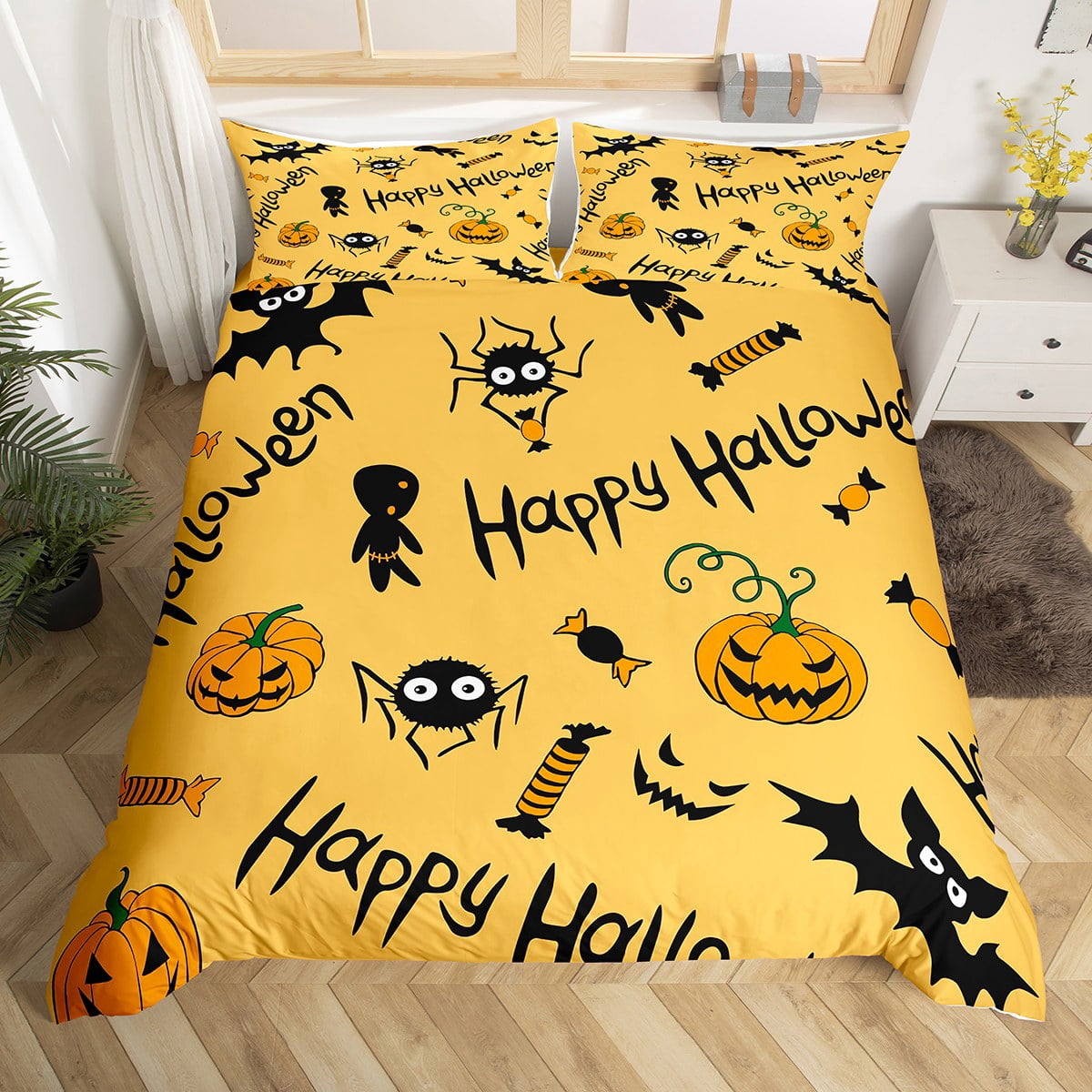 Pumpkin Lantern Comforter Cover Twin,Black Bats Spiders Bedding,Gothic ...