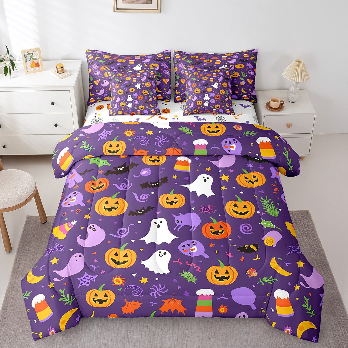 Pumpkin Lantern Comforter Set 7 Piece Bed in a Bag Twin,Black Bats ...