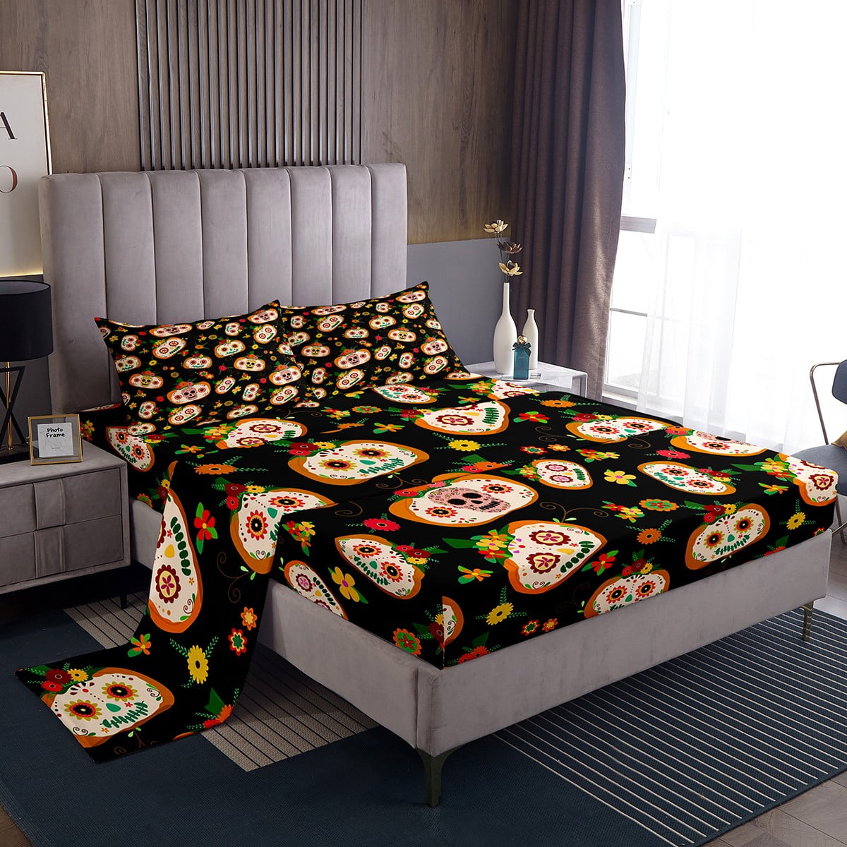 Pumpkin Lantern Sheets Floral Skulls Skeleton Bed Sheets Set King For ...