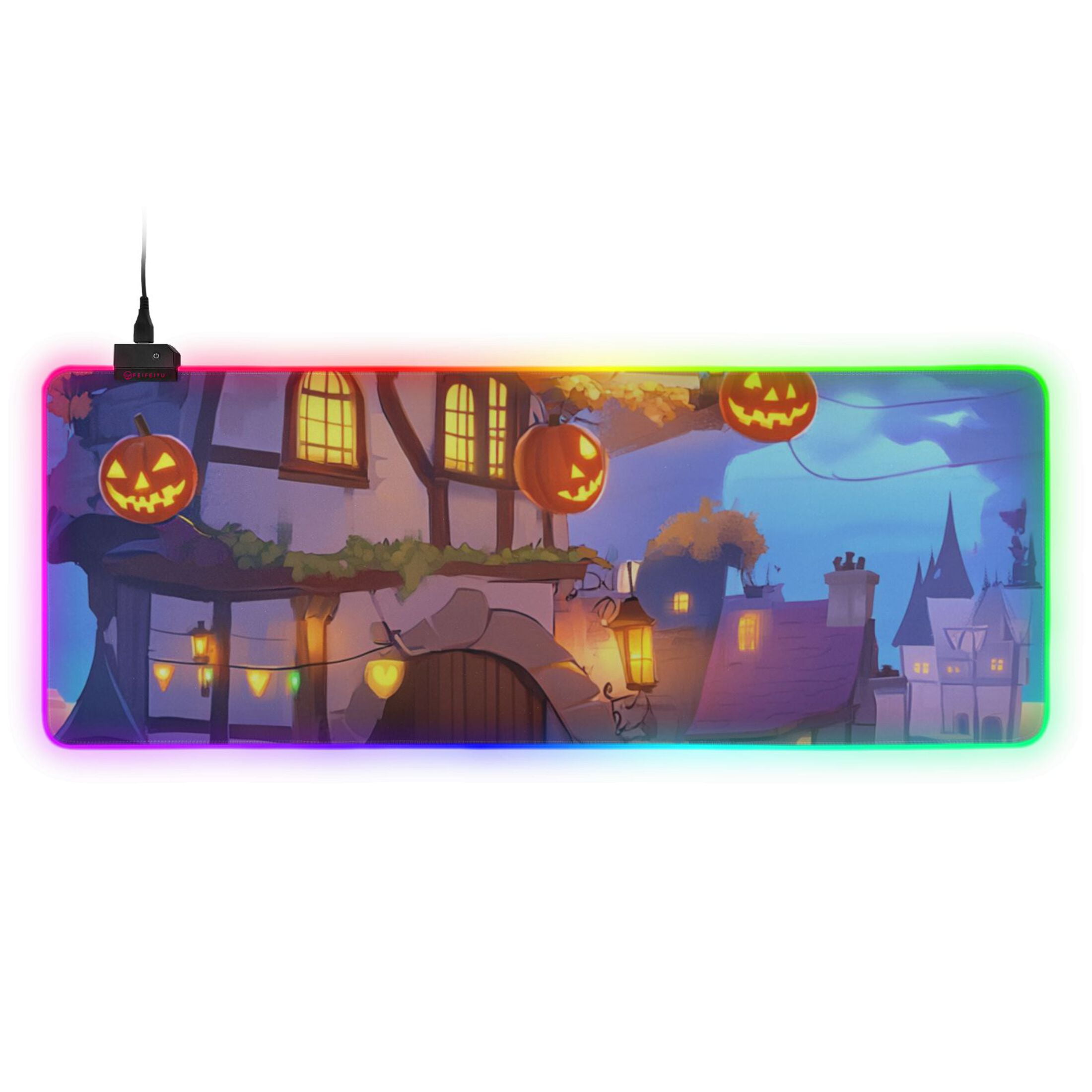 Pumpkin Lantern and House Cartoon RGB Gaming Mouse Pad Large Keyboard ...