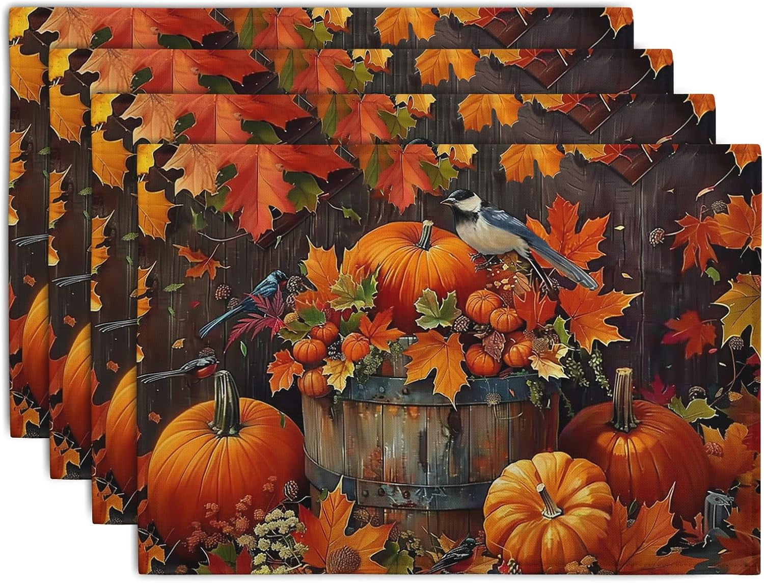 Pumpkin Maple Leaf Bird Fall Placemats Set of 4 Autumn Thanksgiving ...