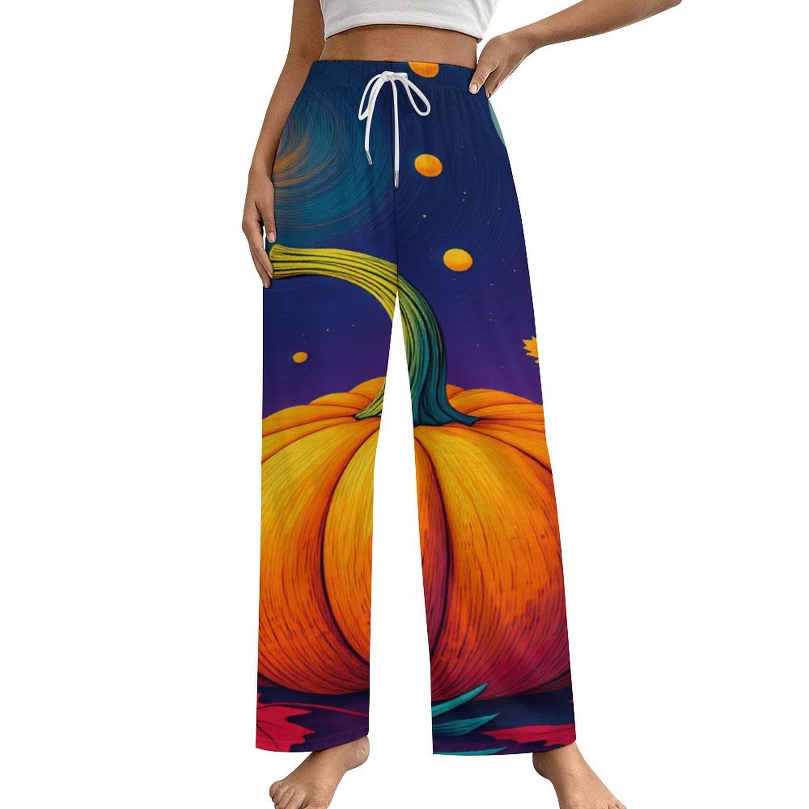 Pumpkin Moon Autumn Leaves Night Sky Pajama Pants Breathable with ...
