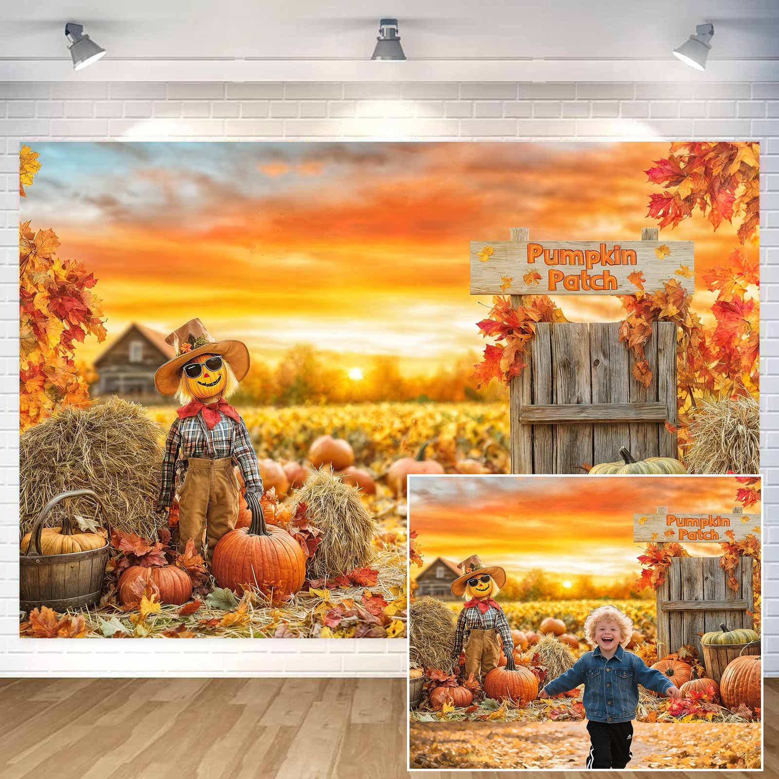 Pumpkin Patch Backdrop,Fall Farm Harvest Scarecrow Hay Maple Leaves ...