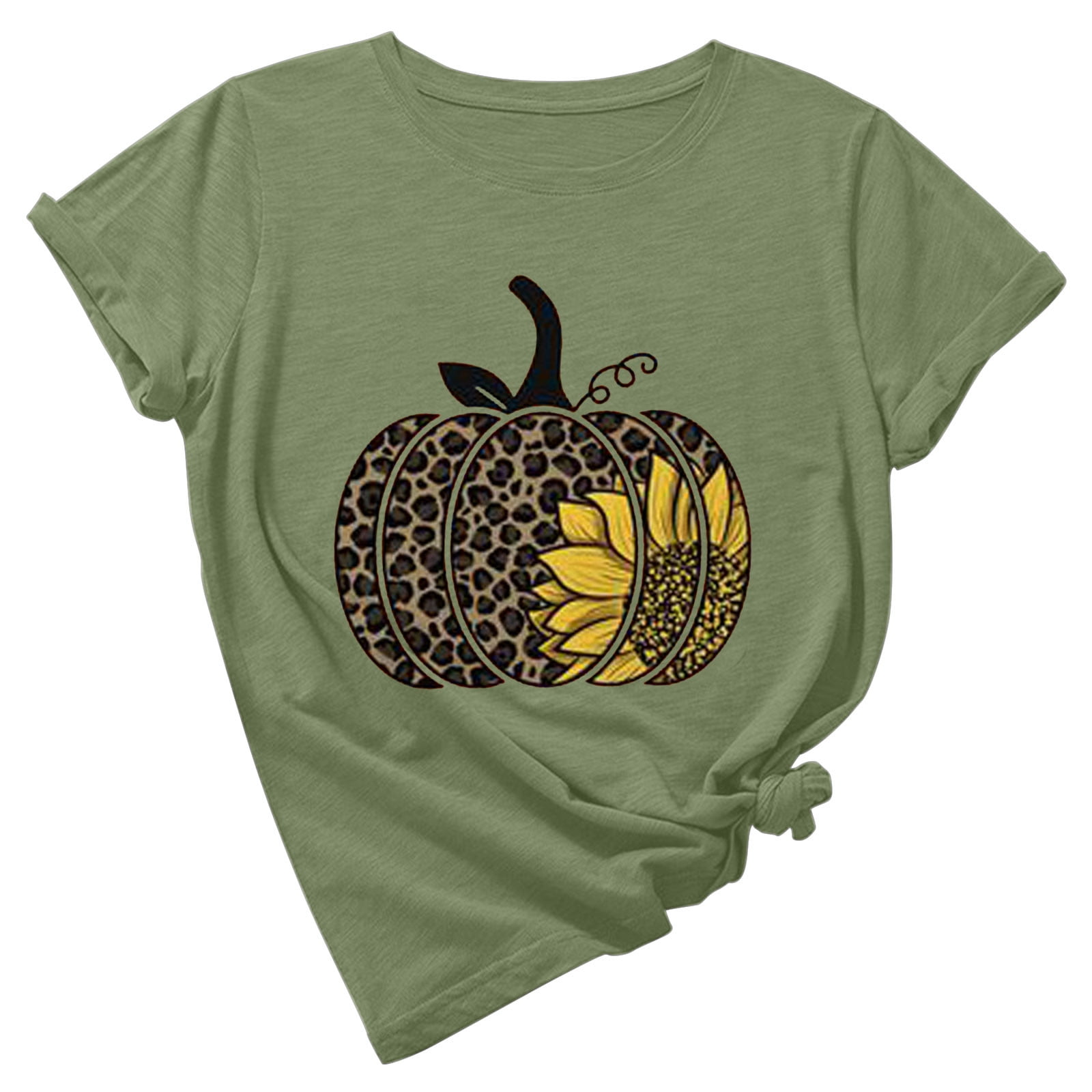 Pumpkin Print Tops for Women Thanksgiving Print T-shirt Top Round Neck ...
