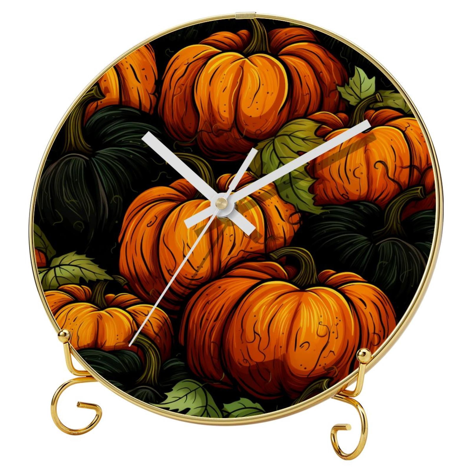 Pumpkin Round Printed Wall Clock with Hooks and Gold Stand - Silent Non ...