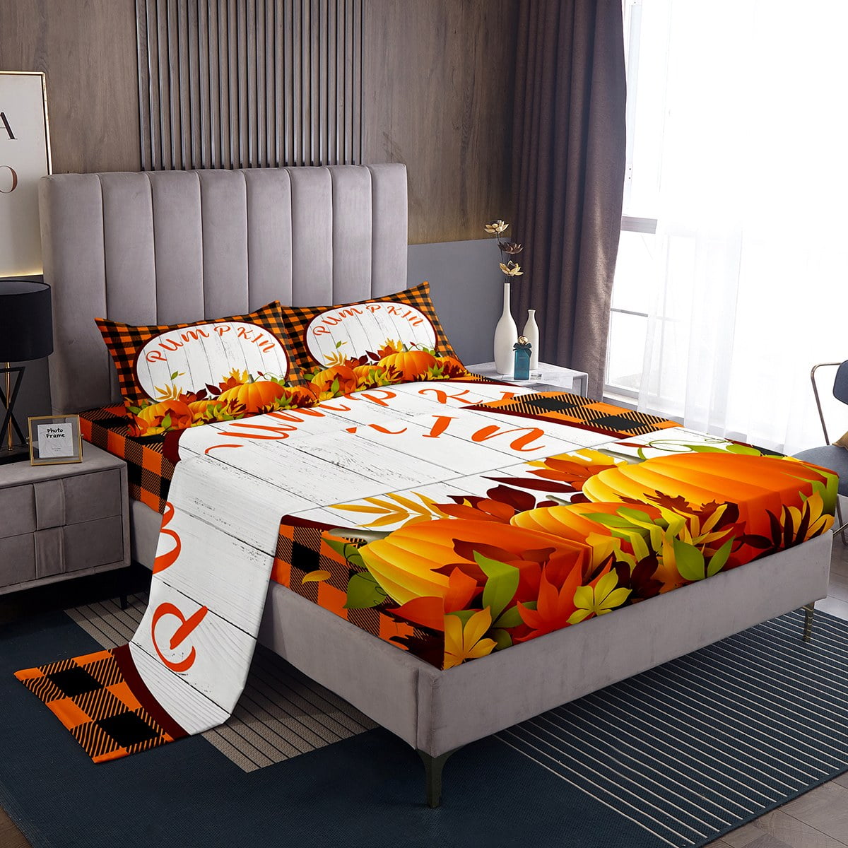 Pumpkin Sheet Set Queen Size Harvest Thanksgiving Decor Bed Sheets Set ...
