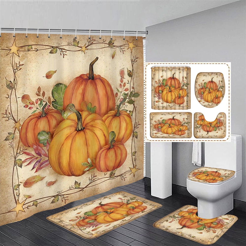 Pumpkin Shower Curtain Set Fall Bathroom Set Thanksgiving Bathroom r ...