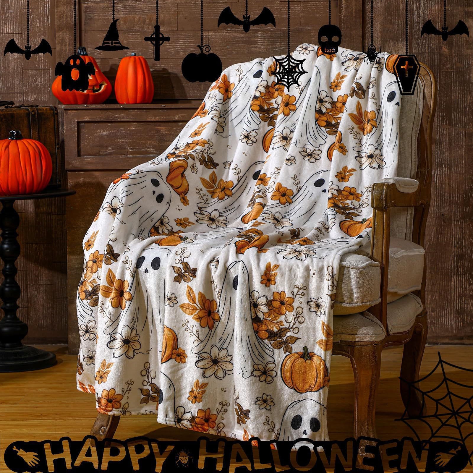 Pumpkin Spice Throw Blanket - 3-Size Cozy Halloween Fleece (Boho Ghost ...