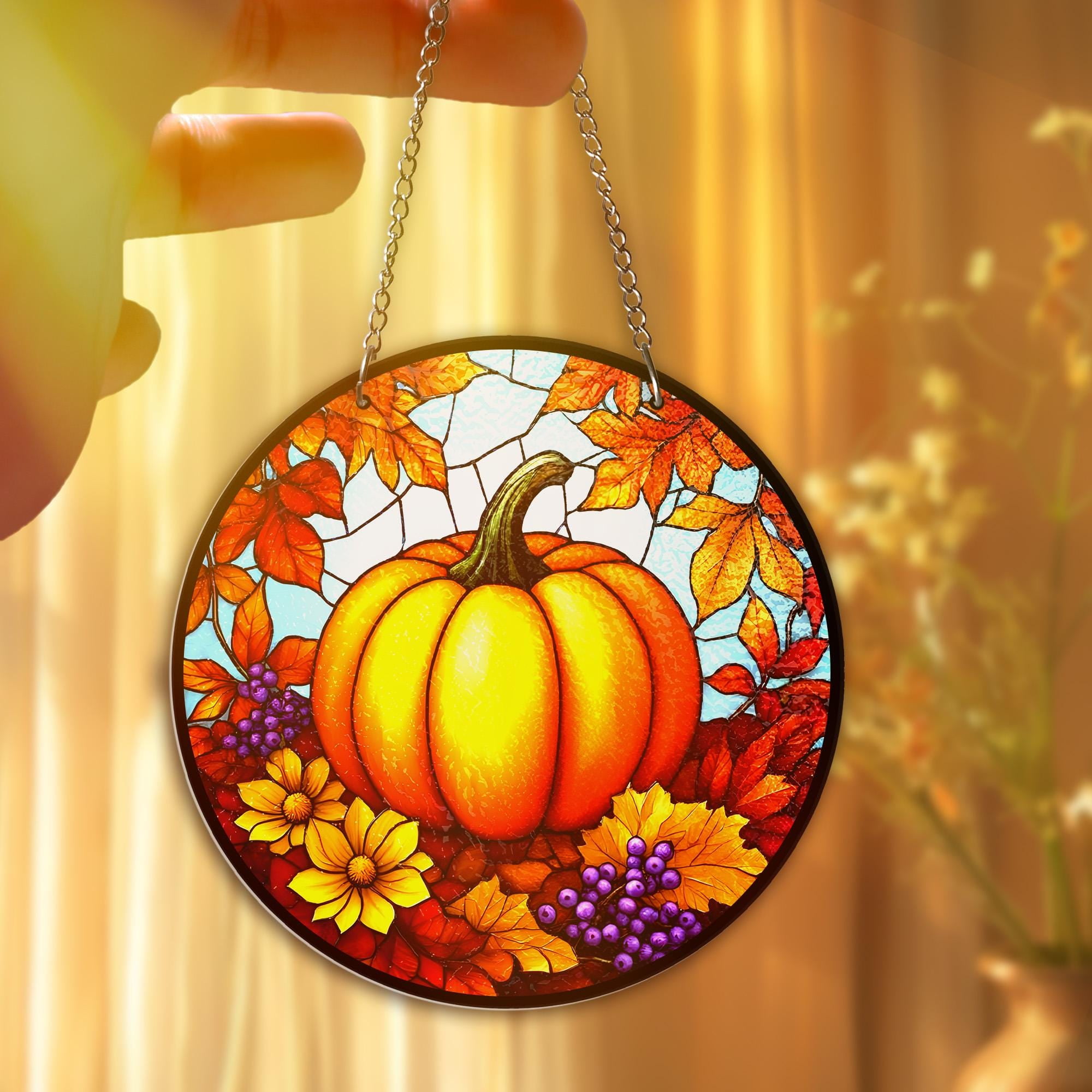 Pumpkin Stained Glass Suncatcher Fall Window Hanging Decor Autumn ...