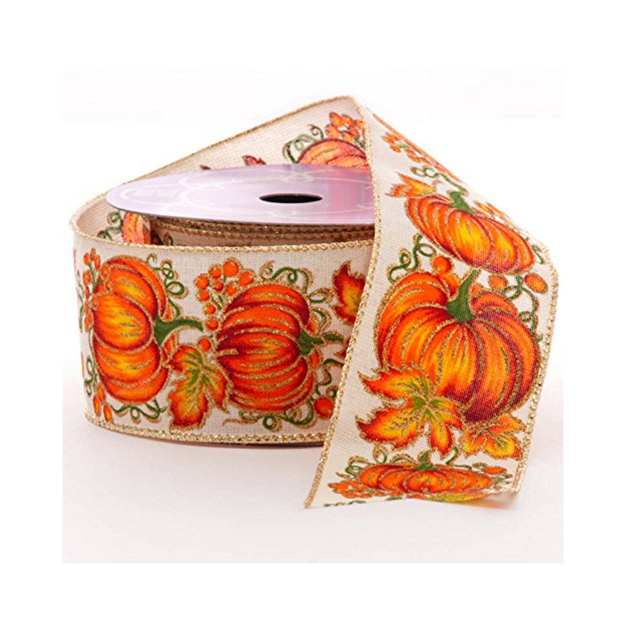 Pumpkin Thanksgiving Fabric Wired Ribbon - Gold Glitter Accents - 2 1/2 ...