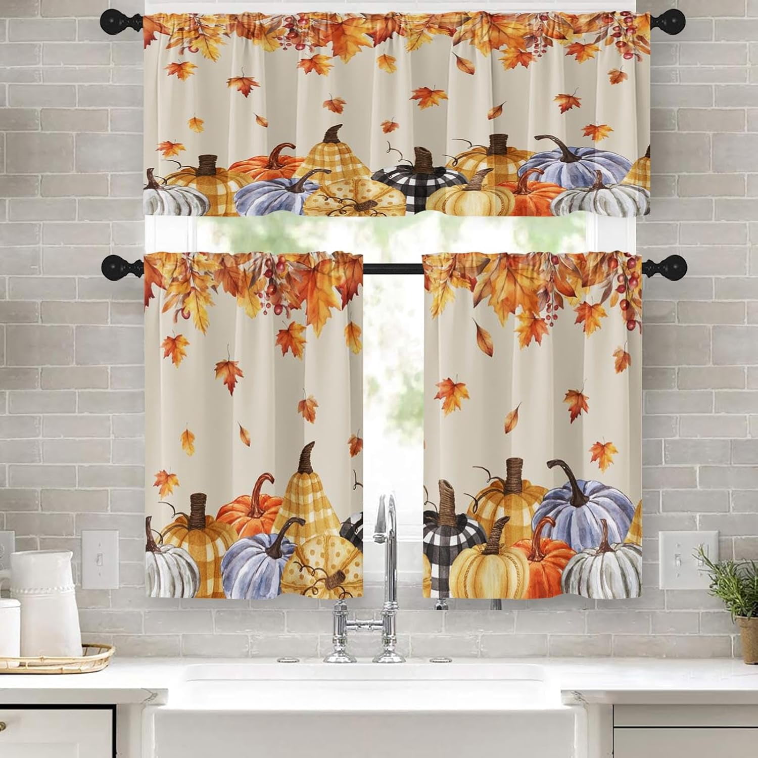 Pumpkin Thanksgiving Fall Kitchen Window Curtains Valance and Tier Set ...