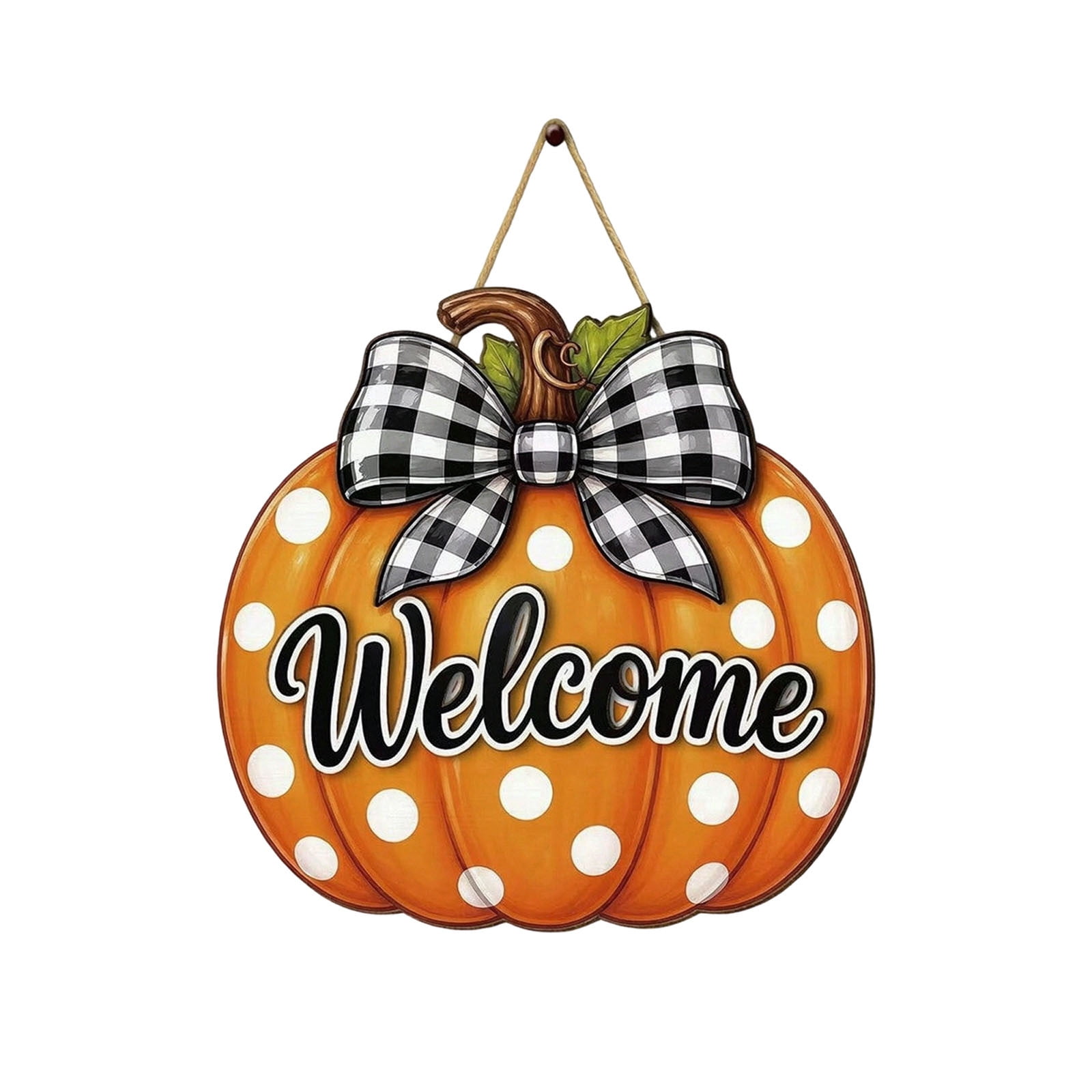 Pumpkin Welcome Door Hanger, Orange Pumpkin Wood Sign with Gingham Bow ...