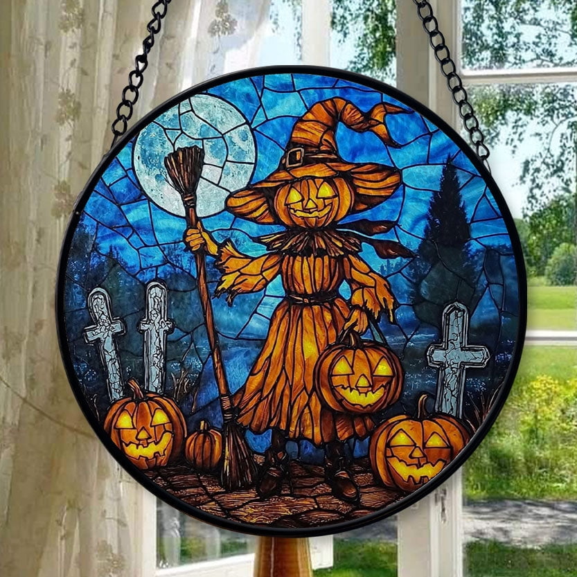 Pumpkin Witch Stained Glass Suncatcher, Halloween Graveyard Decor ...