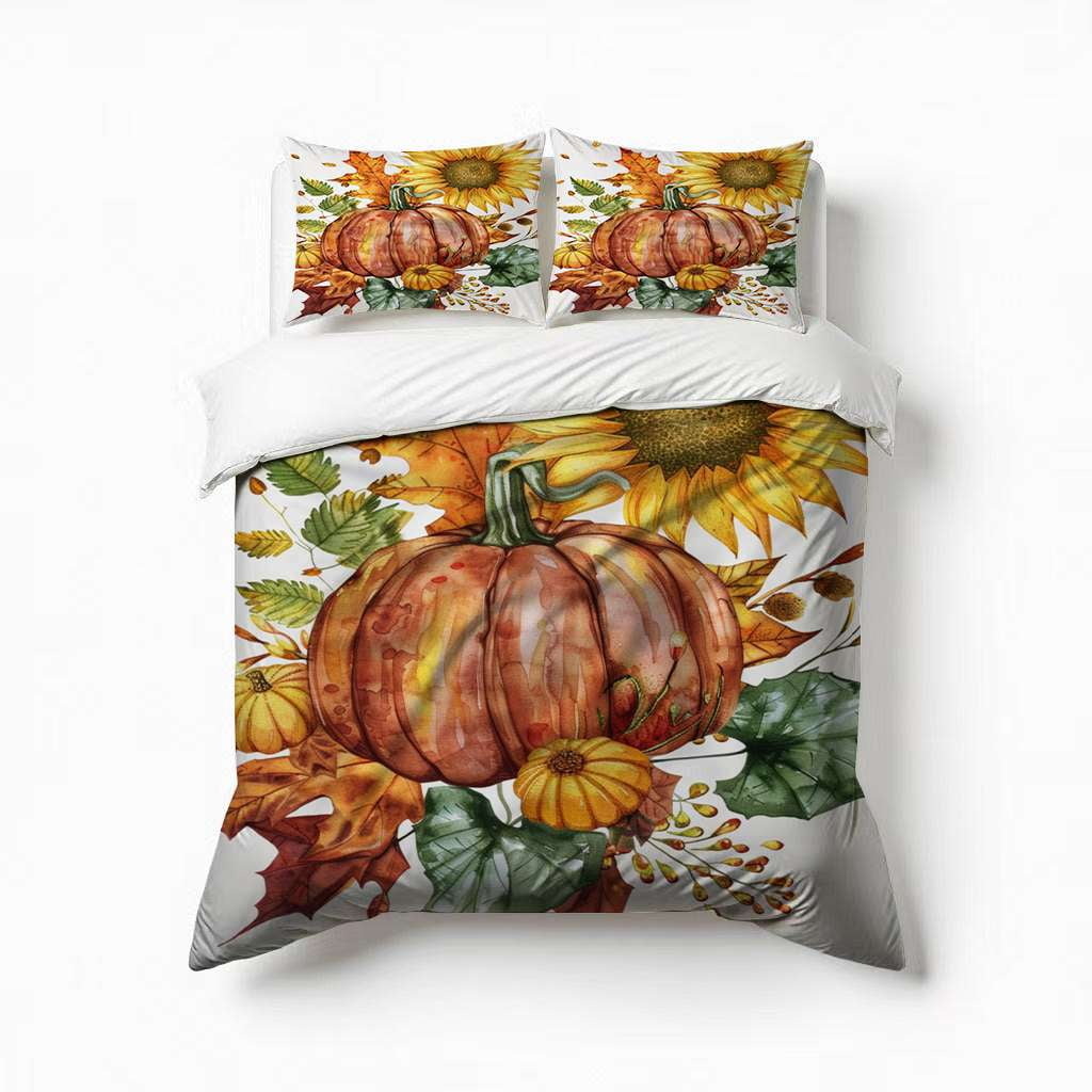 Pumpkin With Leaves Sunflower Watercolor Bedding Set 3 Pcs Soft ...