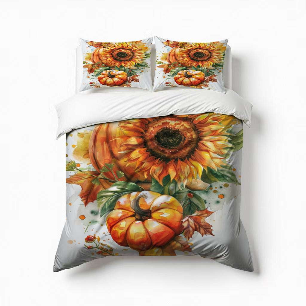 Pumpkin With Leaves Sunflower Watercolor Bedding Set 3 Pcs Soft ...