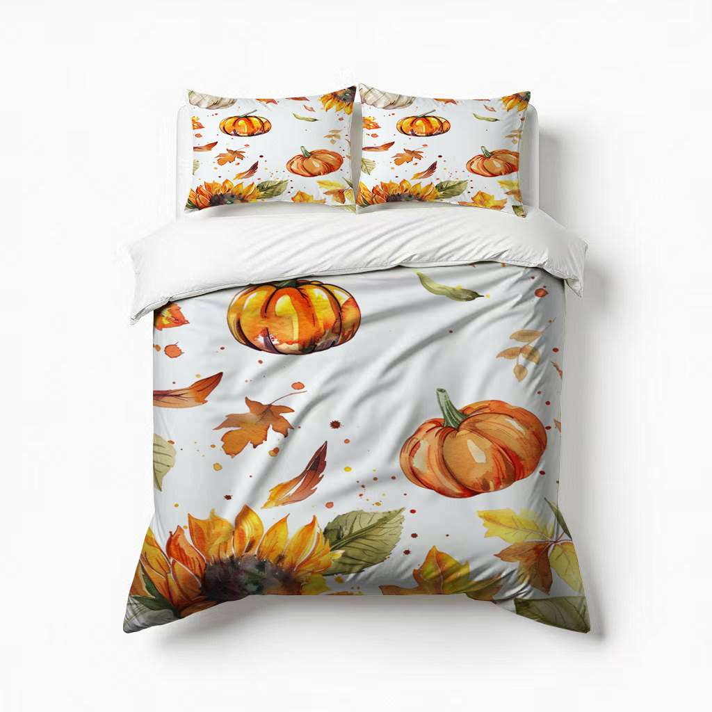 Pumpkin With Leaves Sunflower Watercolor Bedding Set 3 Pcs Soft ...