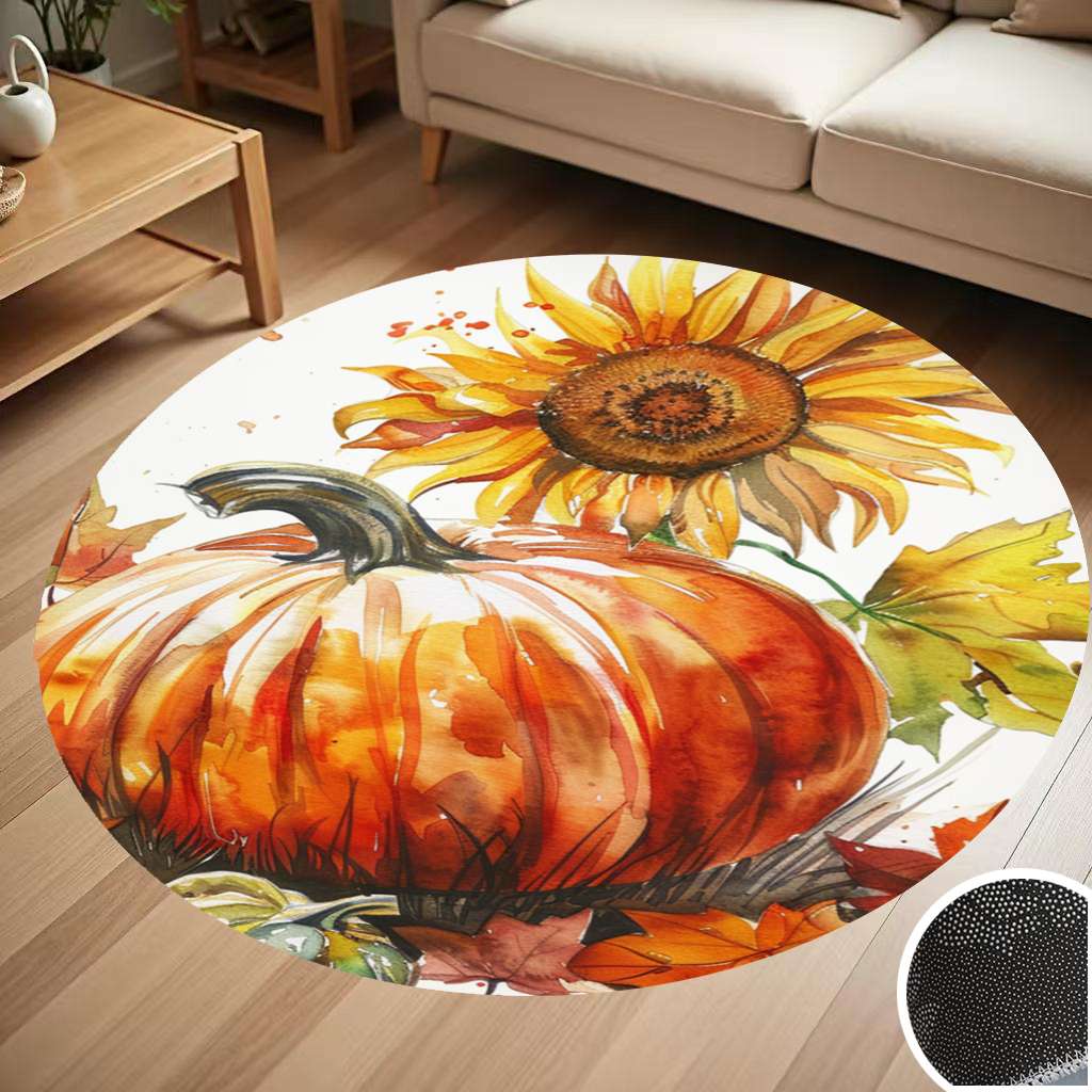 Pumpkin With Leaves Sunflower Watercolor Round Carpet Living Room ...
