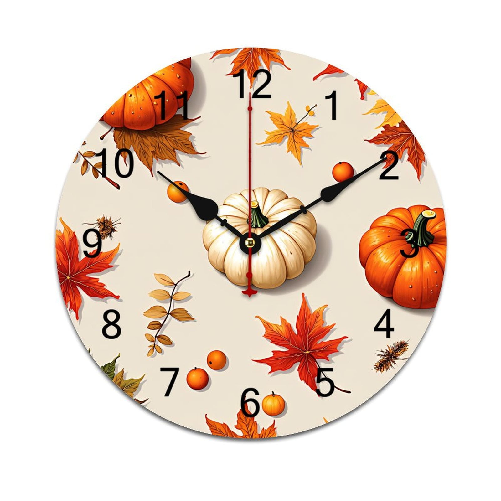 Pumpkins And Autumn Leaves And Acorns Printed Silent Wall Clock Round ...