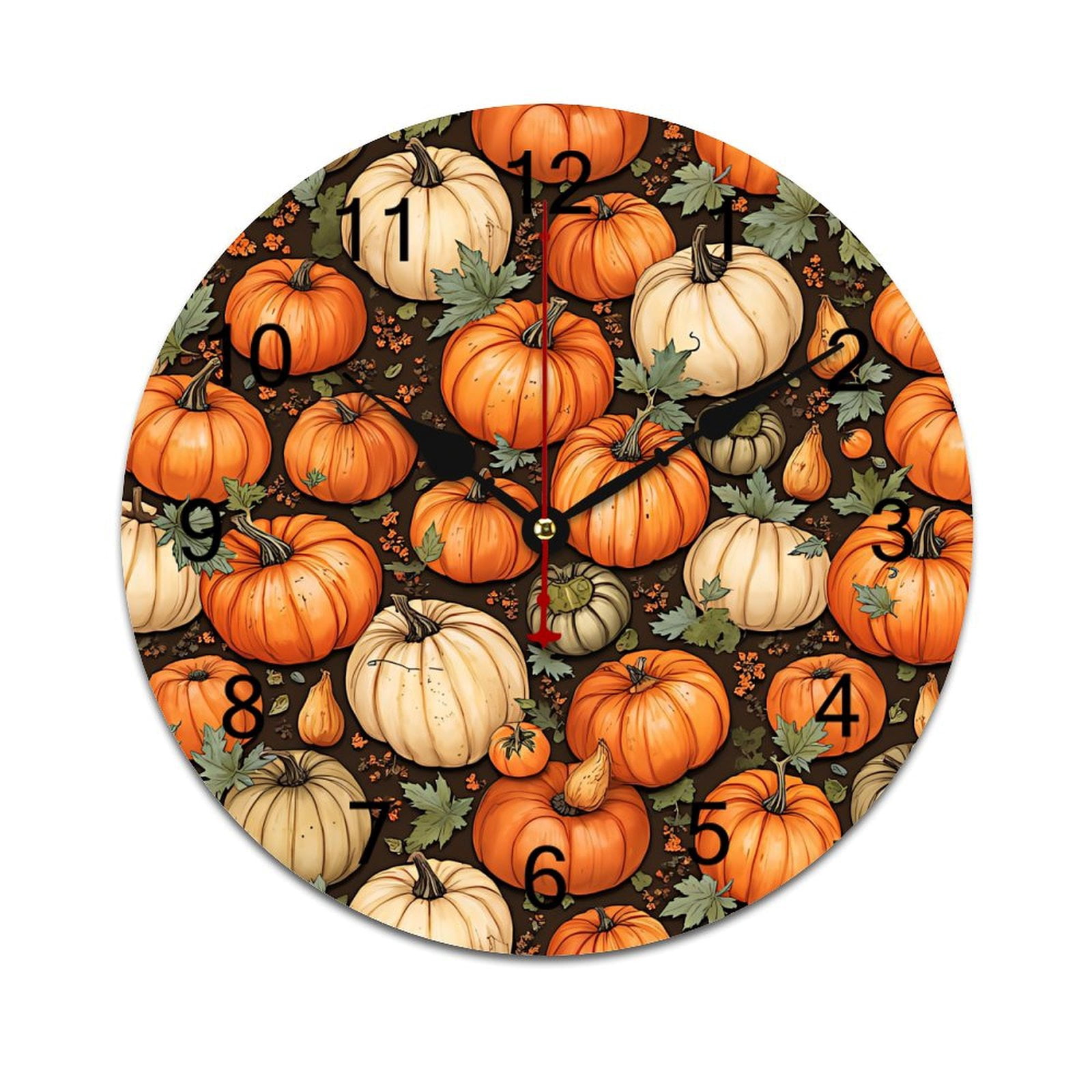 Pumpkins And Autumn Leaves And Acorns Printed Silent Wall Clock Round ...
