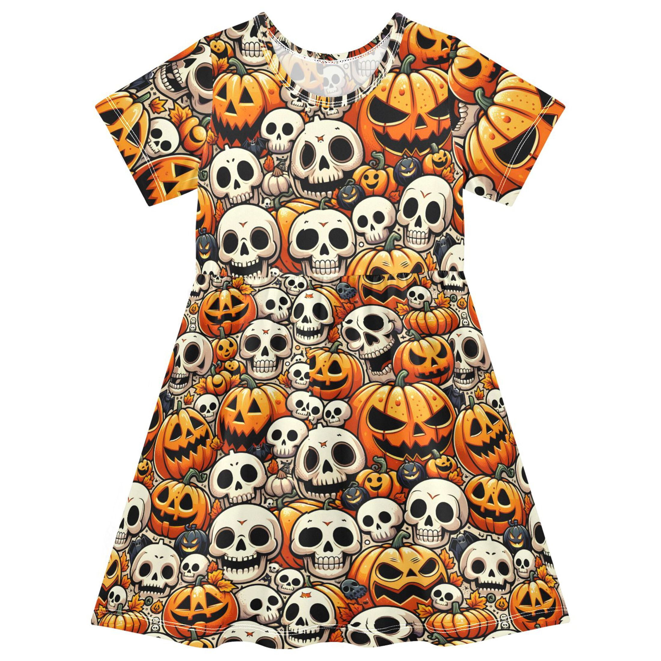 Pumpkins Cartoon Halloween Skulls Short Sleeve Dress A-Line Cute Midi ...