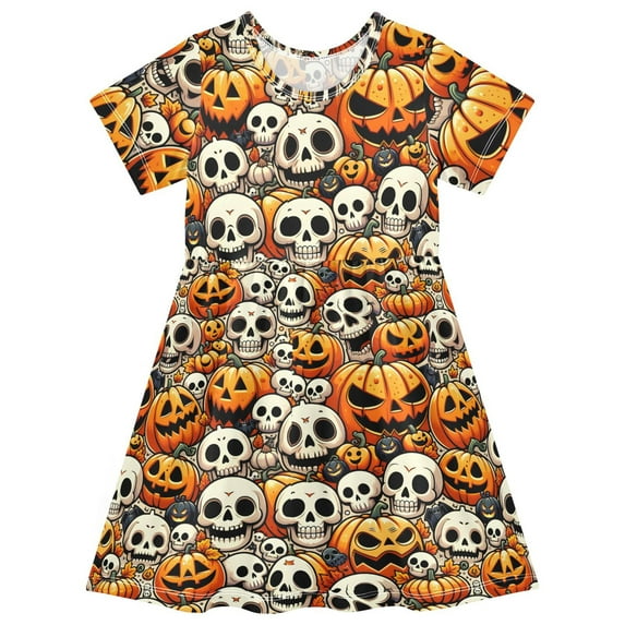 Pumpkins Cartoon Halloween Skulls Short Sleeve Dress A-Line Cute Midi ...