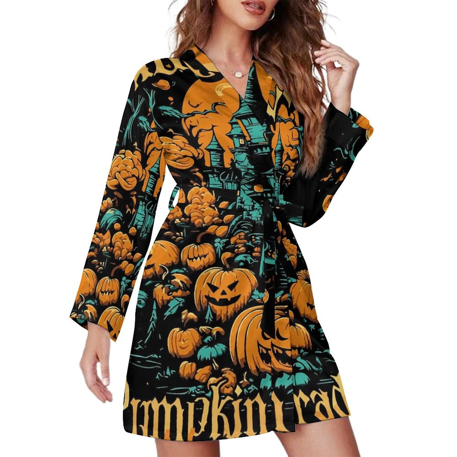 Pumpkins Ghost Kitten Pajama Robe Woman Happy Halloween Casual Loose ...